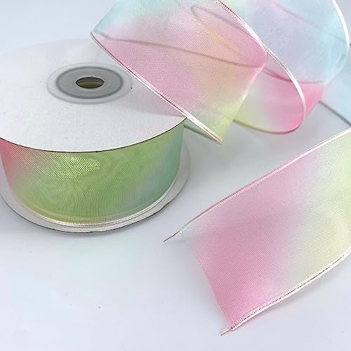 XMRIBBON Rainbow Sheer Organza Ribbon Wired 1-1/2 Inch X 25 Yards for Floral & Craft Decoration