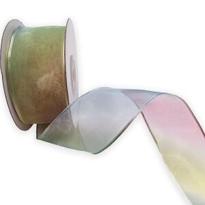 XMRIBBON Rainbow Sheer Organza Ribbon Wired 1-1/2 Inch X 25 Yards for Floral & Craft Decoration