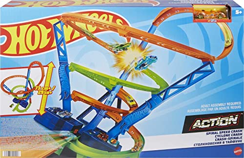 Hot Wheels Toy Car Track Set Spiral Speed Crash, Powered by Motorized Booster, 29-in Tall Track with 1:64 Scale Car