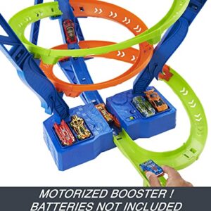 Hot Wheels Toy Car Track Set Spiral Speed Crash, Powered by Motorized Booster, 29-in Tall Track with 1:64 Scale Car