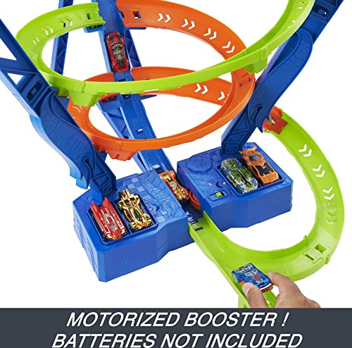 Hot Wheels Toy Car Track Set Spiral Speed Crash, Powered by Motorized Booster, 29-in Tall Track with 1:64 Scale Car