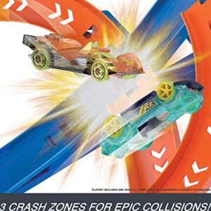 Hot Wheels Toy Car Track Set Spiral Speed Crash, Powered by Motorized Booster, 29-in Tall Track with 1:64 Scale Car