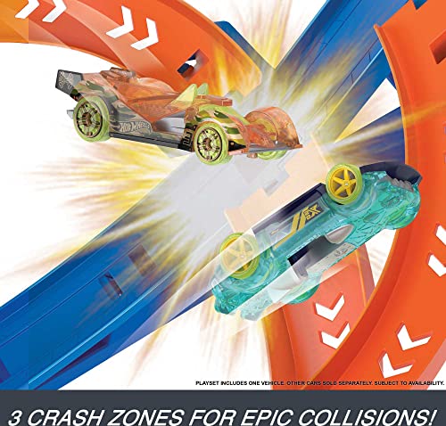 Hot Wheels Toy Car Track Set Spiral Speed Crash, Powered by Motorized Booster, 29-in Tall Track with 1:64 Scale Car