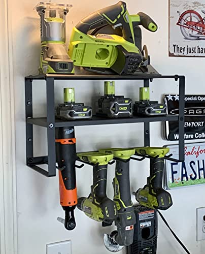 OUUO 3 Tiers Tool Garage Organization Drill Holder Heavy Duty Carbon Steel Power Tool Organizer - USA Designed Garage Storage Shelves - Garage Wall Mount Shelf - Power Tool Storage Rack