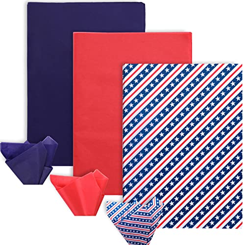 Whaline Patriotic Tissue Paper Patriotic Star Stripe Pattern Tissue Paper Red Blue Wrapping Paper 4th of July Art Tissue Art Tissue for Independence Day Gift Packing Party Decorations, 14x20 Inch