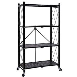 4-Shelf General Purpose Collapsible/Foldable Shelving Unit, Sturdy Storage Rack with Caster Wheels. 4-Tier Organizer, Laundry/kitchen storage shelves, Heavy Duty Metal Frame, No Assemble Needed, Black