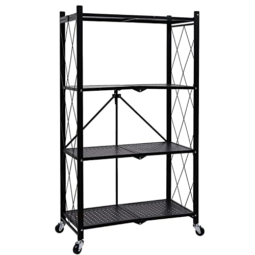 4-Shelf General Purpose Collapsible/Foldable Shelving Unit, Sturdy Storage Rack with Caster Wheels. 4-Tier Organizer, Laundry/kitchen storage shelves, Heavy Duty Metal Frame, No Assemble Needed, Black