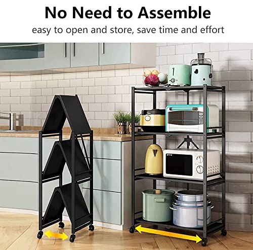 4-Shelf General Purpose Collapsible/Foldable Shelving Unit, Sturdy Storage Rack with Caster Wheels. 4-Tier Organizer, Laundry/kitchen storage shelves, Heavy Duty Metal Frame, No Assemble Needed, Black