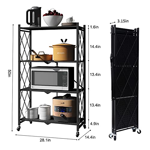 4-Shelf General Purpose Collapsible/Foldable Shelving Unit, Sturdy Storage Rack with Caster Wheels. 4-Tier Organizer, Laundry/kitchen storage shelves, Heavy Duty Metal Frame, No Assemble Needed, Black