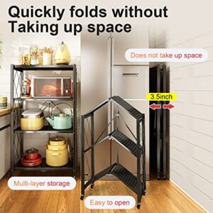 4-Shelf General Purpose Collapsible/Foldable Shelving Unit, Sturdy Storage Rack with Caster Wheels. 4-Tier Organizer, Laundry/kitchen storage shelves, Heavy Duty Metal Frame, No Assemble Needed, Black