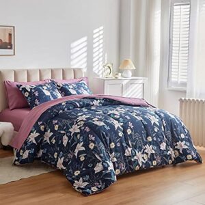 joyreap 7 piece bed in a bag full/queen, lilies on navy floral design, microfiber bedding comforter set with sheets- 1 comforter, 2 pillow shams, 1 flat sheet, 1 fitted sheet, 2 pillowcases