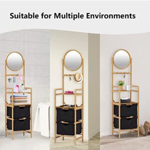 kinbor Bamboo Bathroom Shelves, Bathroom Storage Organizer Tower Rack with Mirror and Drawer Hamper, Freestanding Shelving Unit Narrow Conner Stand for Bathroom, Living Room, Balcony, Natural