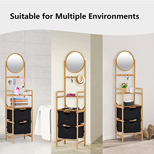 kinbor Bamboo Bathroom Shelves, Bathroom Storage Organizer Tower Rack with Mirror and Drawer Hamper, Freestanding Shelving Unit Narrow Conner Stand for Bathroom, Living Room, Balcony, Natural