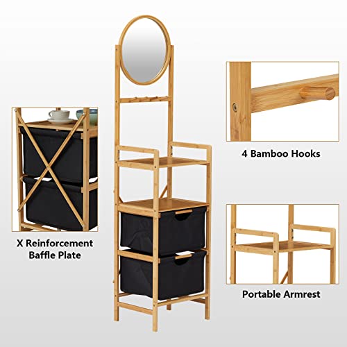 kinbor Bamboo Bathroom Shelves, Bathroom Storage Organizer Tower Rack with Mirror and Drawer Hamper, Freestanding Shelving Unit Narrow Conner Stand for Bathroom, Living Room, Balcony, Natural