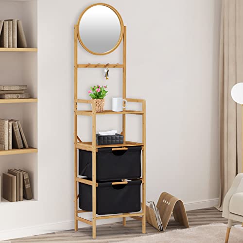 kinbor Bamboo Bathroom Shelves, Bathroom Storage Organizer Tower Rack with Mirror and Drawer Hamper, Freestanding Shelving Unit Narrow Conner Stand for Bathroom, Living Room, Balcony, Natural