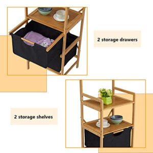 kinbor Bamboo Bathroom Shelves, Bathroom Storage Organizer Tower Rack with Mirror and Drawer Hamper, Freestanding Shelving Unit Narrow Conner Stand for Bathroom, Living Room, Balcony, Natural