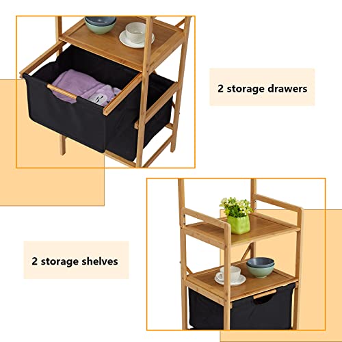 kinbor Bamboo Bathroom Shelves, Bathroom Storage Organizer Tower Rack with Mirror and Drawer Hamper, Freestanding Shelving Unit Narrow Conner Stand for Bathroom, Living Room, Balcony, Natural