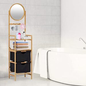 kinbor Bamboo Bathroom Shelves, Bathroom Storage Organizer Tower Rack with Mirror and Drawer Hamper, Freestanding Shelving Unit Narrow Conner Stand for Bathroom, Living Room, Balcony, Natural