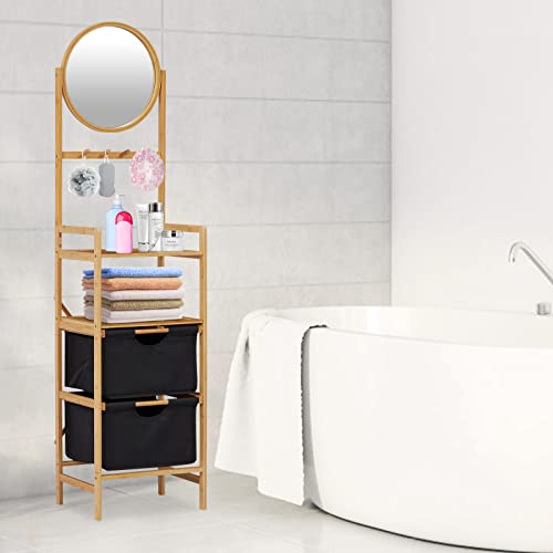 kinbor Bamboo Bathroom Shelves, Bathroom Storage Organizer Tower Rack with Mirror and Drawer Hamper, Freestanding Shelving Unit Narrow Conner Stand for Bathroom, Living Room, Balcony, Natural