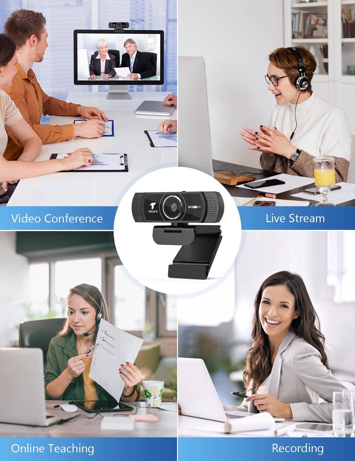 TECURS 1080P 60FPS Web Camera, HD Webcam with Microphone, Streaming Webcam with Tripod and Privacy Cover, Computer Camera for Calls/Conference, Zoom/Skype/YouTube, Laptop