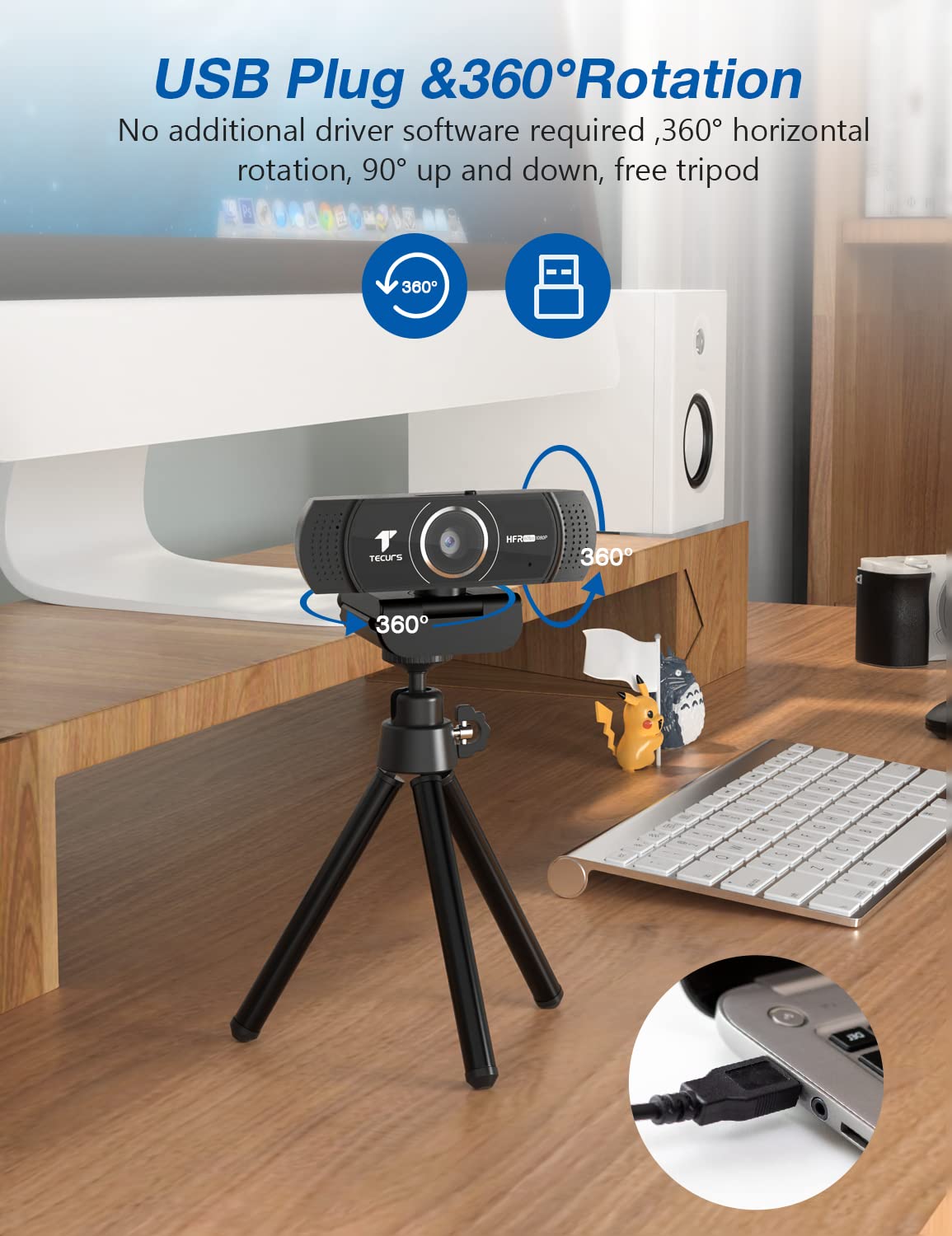 TECURS 1080P 60FPS Web Camera, HD Webcam with Microphone, Streaming Webcam with Tripod and Privacy Cover, Computer Camera for Calls/Conference, Zoom/Skype/YouTube, Laptop