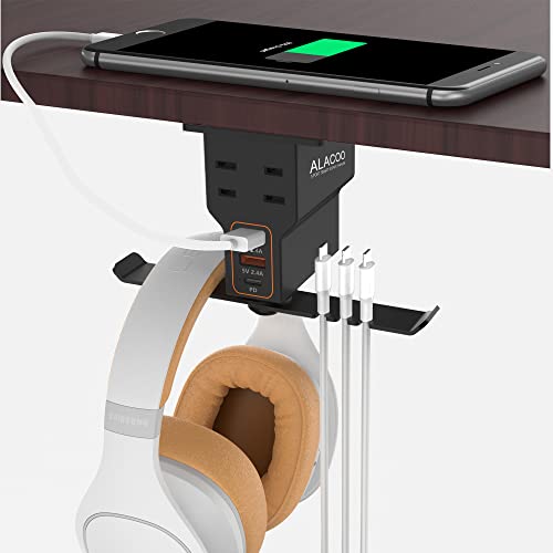 Headphone Stand with USB Charger /1 Type-c/2 2-Prong AC Outlet Power Strips/3 Under Desk Headset Holder Mount Suitable for Gamers Gifts Desk Gaming Accessories