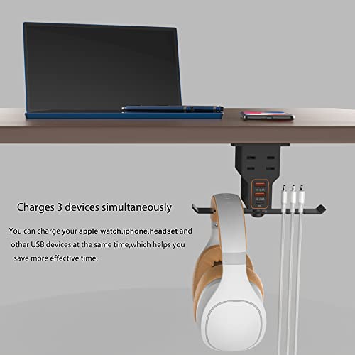 Headphone Stand with USB Charger /1 Type-c/2 2-Prong AC Outlet Power Strips/3 Under Desk Headset Holder Mount Suitable for Gamers Gifts Desk Gaming Accessories