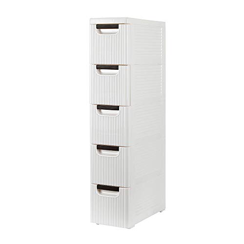 5 Tier Storage Drawers Rolling Cart, Plastic Drawers Unit on Wheels, Tower Narrow Slim Container Cabinet, Standing Shelf Units for Bathroom Bedroom Office Kitchen Living Room (7.5L x 16.6W x 35.8H)