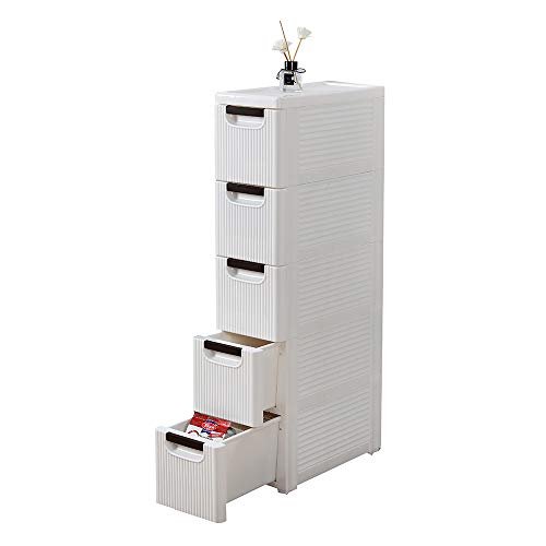 5 Tier Storage Drawers Rolling Cart, Plastic Drawers Unit on Wheels, Tower Narrow Slim Container Cabinet, Standing Shelf Units for Bathroom Bedroom Office Kitchen Living Room (7.5L x 16.6W x 35.8H)