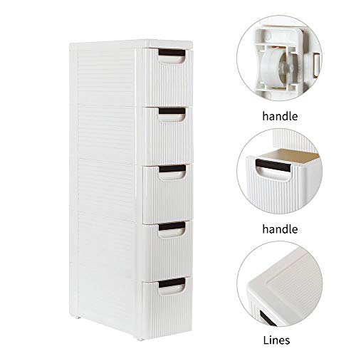 5 Tier Storage Drawers Rolling Cart, Plastic Drawers Unit on Wheels, Tower Narrow Slim Container Cabinet, Standing Shelf Units for Bathroom Bedroom Office Kitchen Living Room (7.5L x 16.6W x 35.8H)