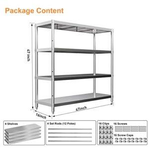 Storage Shelves, 4 Tier Shelf Adjustable Stainless Steel Shelves, Sturdy Metal Shelves Heavy Duty Shelving Units and Storage for Kitchen Commercial Office Garage Storage, 47L X 16W X 47H 880Lbs Total