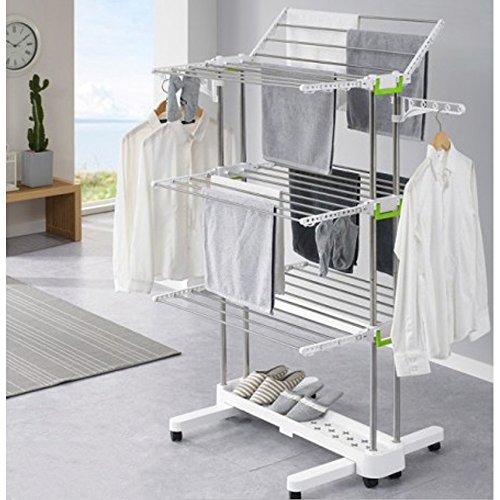 Newerlives BR505 3-Tier Collapsible Clothes Drying Rack with Casters, Laundry Drying Rack, Stainless Steel Hanging Rods, Indoor & Outdoor Use