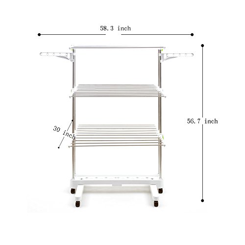 Newerlives BR505 3-Tier Collapsible Clothes Drying Rack with Casters, Laundry Drying Rack, Stainless Steel Hanging Rods, Indoor & Outdoor Use