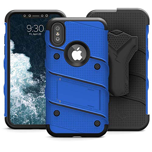 Zizo Bolt Series Compatible with iPhone X Case Military Grade Drop Tested with Screen Protector, Kickstand and Holster iPhone Xs Blue Black