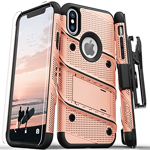 Zizo Bolt Series Compatible with iPhone X Case Military Grade Drop Tested with Screen Protector, Kickstand and Holster iPhone Xs Rose Gold Black