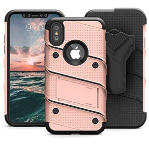 Zizo Bolt Series Compatible with iPhone X Case Military Grade Drop Tested with Screen Protector, Kickstand and Holster iPhone Xs Rose Gold Black