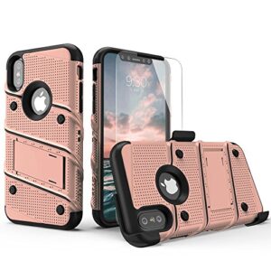 Zizo Bolt Series Compatible with iPhone X Case Military Grade Drop Tested with Screen Protector, Kickstand and Holster iPhone Xs Rose Gold Black