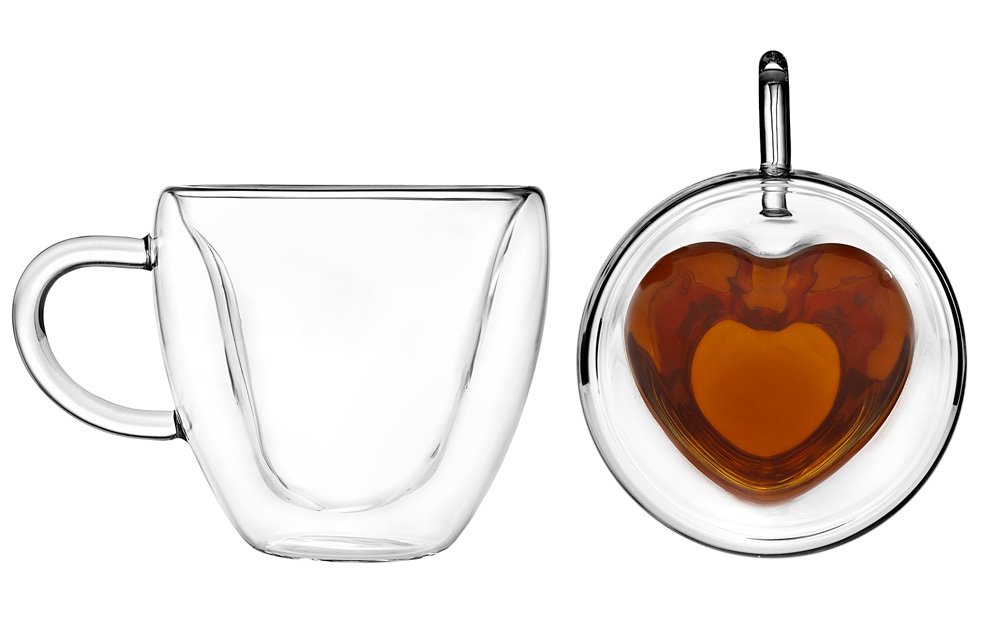 Godinger Espresso Cups, Coffee Mug Set, Heart Mugs, Glass Coffee Mugs, Double Wall Insulated Glass Coffee Cups - 8oz, Set of 2