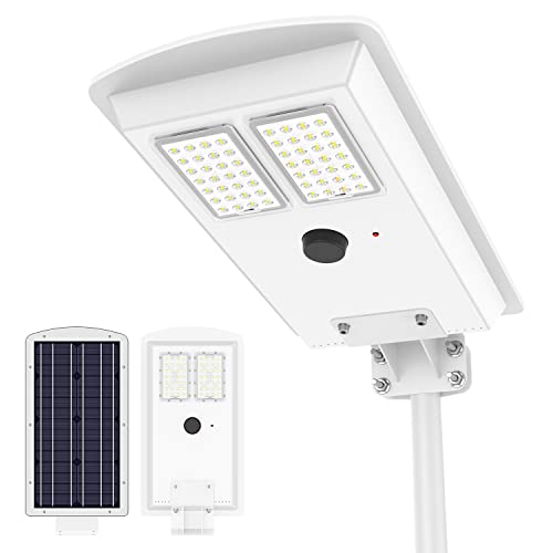 TENKOO Solar Street Lights Outdoor Dusk to Dawn Motion/Light Sensor IP65 Waterproof 6000K Cool White Solar Powered Flood Light for Parking Lot Stadium Garden Pathway