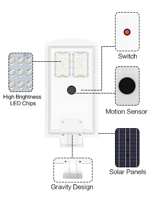 TENKOO Solar Street Lights Outdoor Dusk to Dawn Motion/Light Sensor IP65 Waterproof 6000K Cool White Solar Powered Flood Light for Parking Lot Stadium Garden Pathway