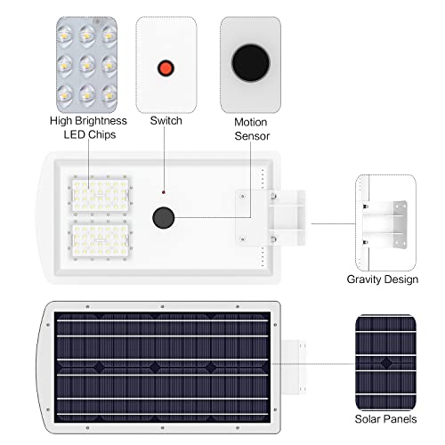 TENKOO Solar Street Lights Outdoor Dusk to Dawn Motion/Light Sensor IP65 Waterproof 6000K Cool White Solar Powered Flood Light for Parking Lot Stadium Garden Pathway