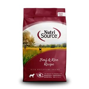 nutrisource dog food, made with beef and brown rice, with wholesome grains, 30lb, dry dog food