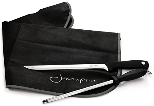 Ham Carving Knife with Honing Steel and Ham Cover - Professional Set for Slicing Serrano, Ibérico Ham & Italian Prosciutto