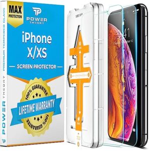 power theory designed for iphone x, iphone xs screen protector tempered glass [9h hardness], easy install kit, 99% hd bubble free clear, case friendly, anti-scratch, 2 pack