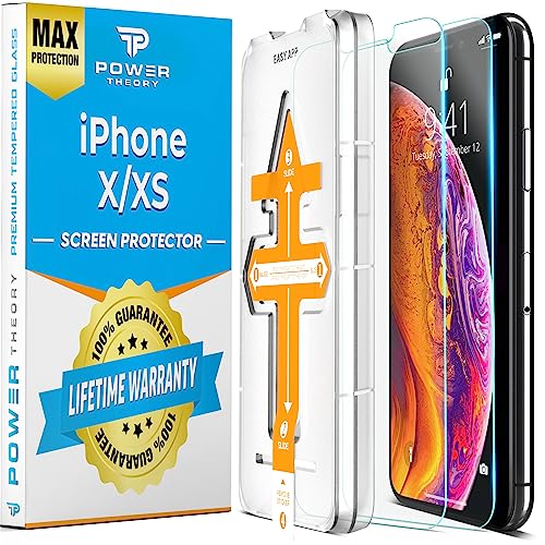 Power Theory Designed for iPhone X, iPhone Xs Screen Protector Tempered Glass [9H Hardness], Easy Install Kit, 99% HD Bubble Free Clear, Case Friendly, Anti-Scratch, 2 Pack