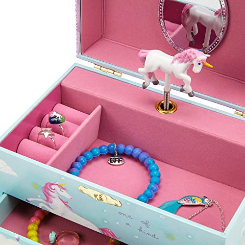 Jewelkeeper Girl's Musical Jewellery Storage Box with Pull-out Drawer, Rainbow Unicorn Design, The Unicorn Tune