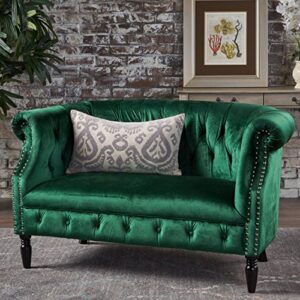 great deal furniture melaina tufted chesterfield velvet loveseat with scrolled arms, emerald and dark brown