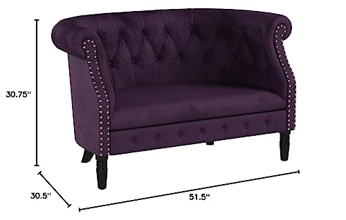 GDFStudio Melaina Tufted Chesterfield Velvet Loveseat with Scrolled Arms, BlackBerry and Dark Brown