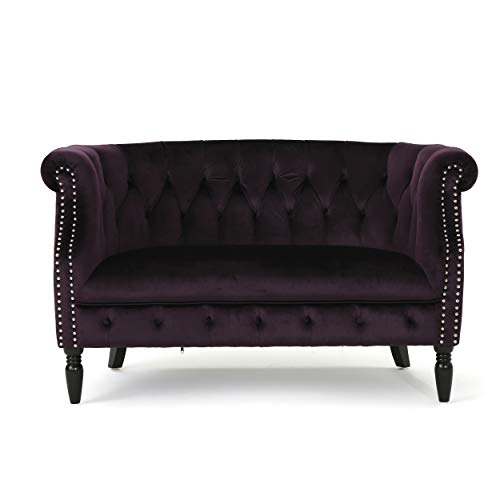 GDFStudio Melaina Tufted Chesterfield Velvet Loveseat with Scrolled Arms, BlackBerry and Dark Brown