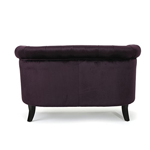 GDFStudio Melaina Tufted Chesterfield Velvet Loveseat with Scrolled Arms, BlackBerry and Dark Brown